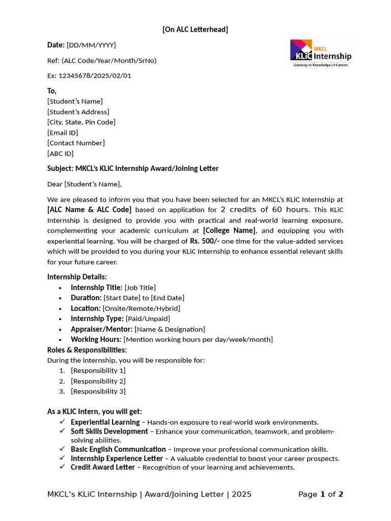 4.KLiC Internship - Sample Award or Joining Letter - V1 | PDF ...
