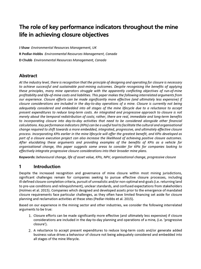 Key Performance Indicators - Mine Closure - Shaw | PDF | Mining | Performance Indicator