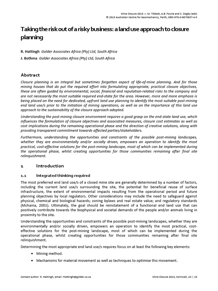 LanduseApproachtoClosure Hattingh | PDF | Mining | Land Use