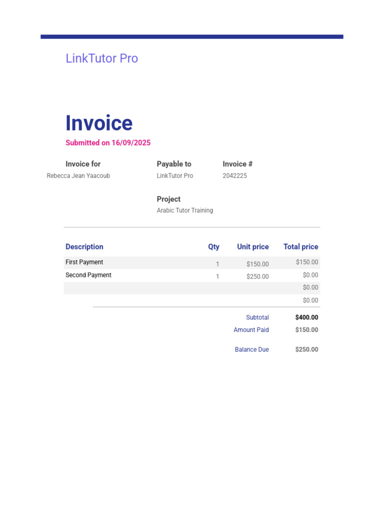 Invoice For Arabic Tutor Training - Invoice-144 | PDF