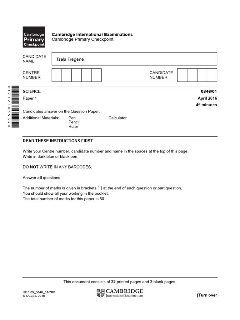 Cambridge Primary Science Checkpoint 2016 | PDF | Water | Solubility
