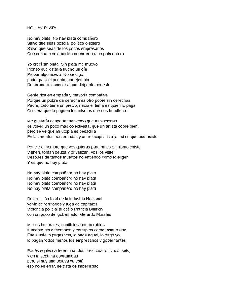NO HAY PLATA - Lyric Willy Bronca | PDF