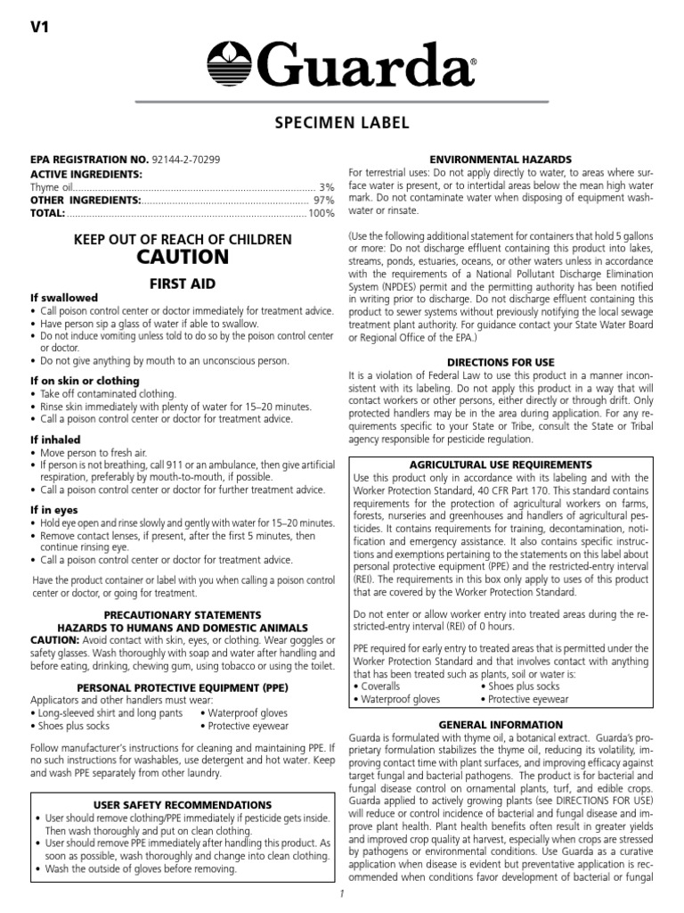 Guarda: Thyme Oil Pesticide Label | PDF | Pump | Valve