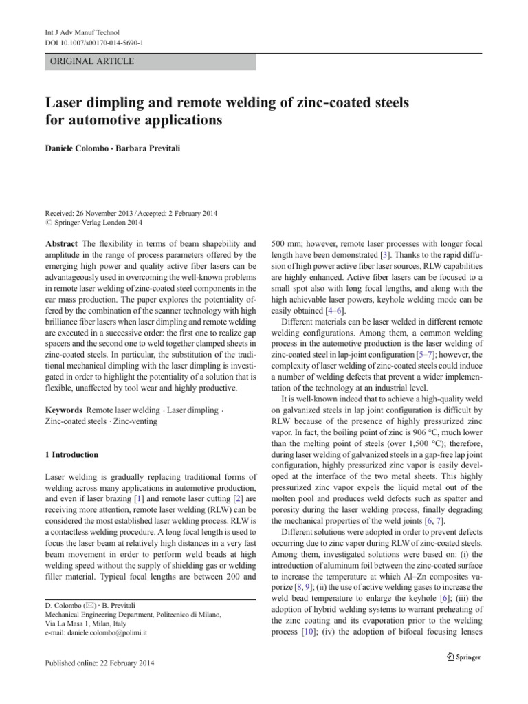 Laser Dimpling for Zinc-Coated Steel Welding | PDF | Welding | Construction