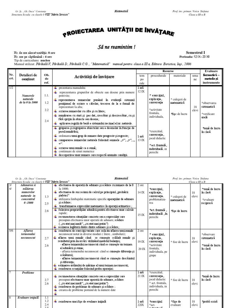 Proiectare unitati de invatare clasa a III-a