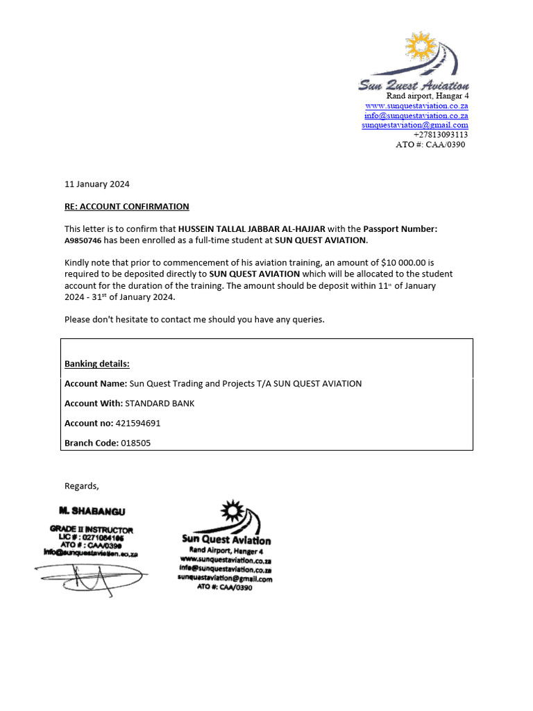 Account Letter Hussein Tallal Jabbar Al-hajjar | PDF