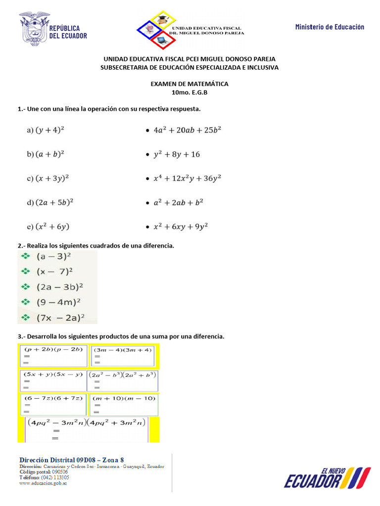 Examen 10mo Egb Ciclo 2 Primer Parcial | PDF