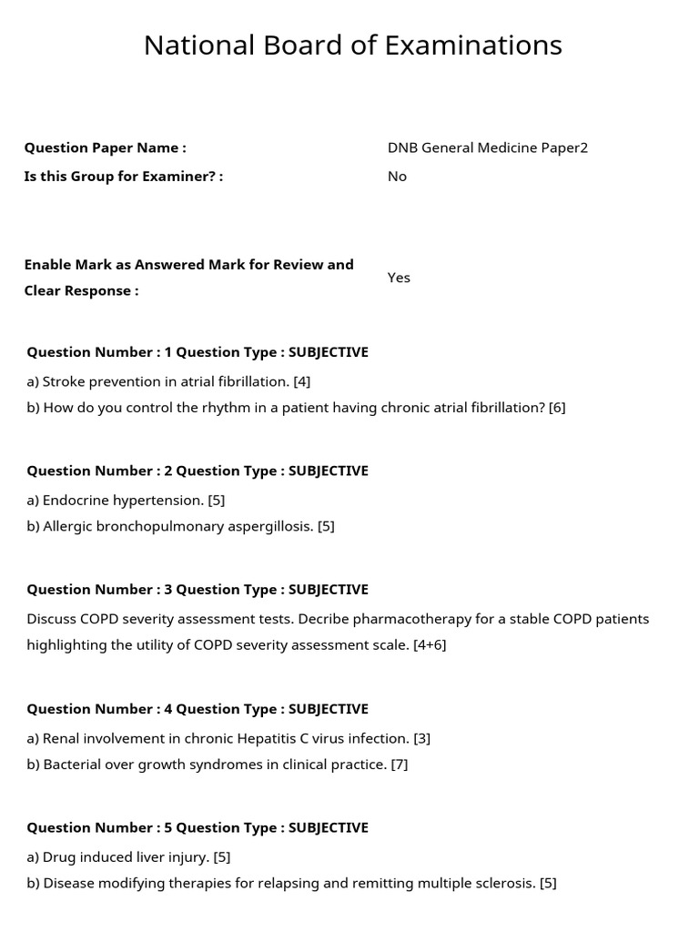 DNB General Medicine Paper 2 Questions | PDF