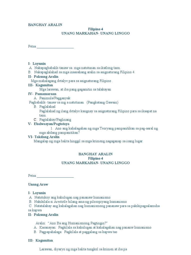 BANGHAY-ARALIN-Filipino-4 BEC (First To Fourth Grading) | PDF