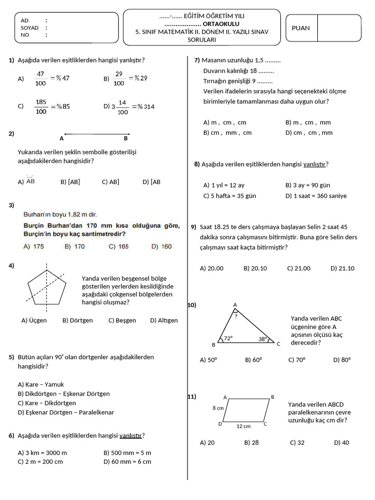 Sınıf Matematik 2. Dönem 2. Quiz | PDF