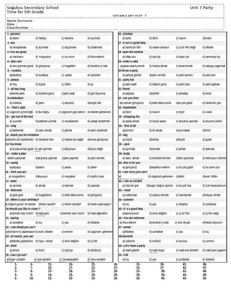 Quiz For 5 TH Grade | PDF