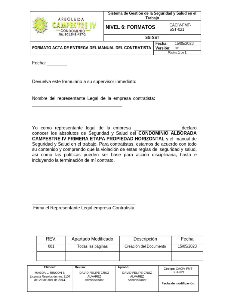 CACIV-FMT-SST-021 Formato Entrega Manual Del Contratista | PDF