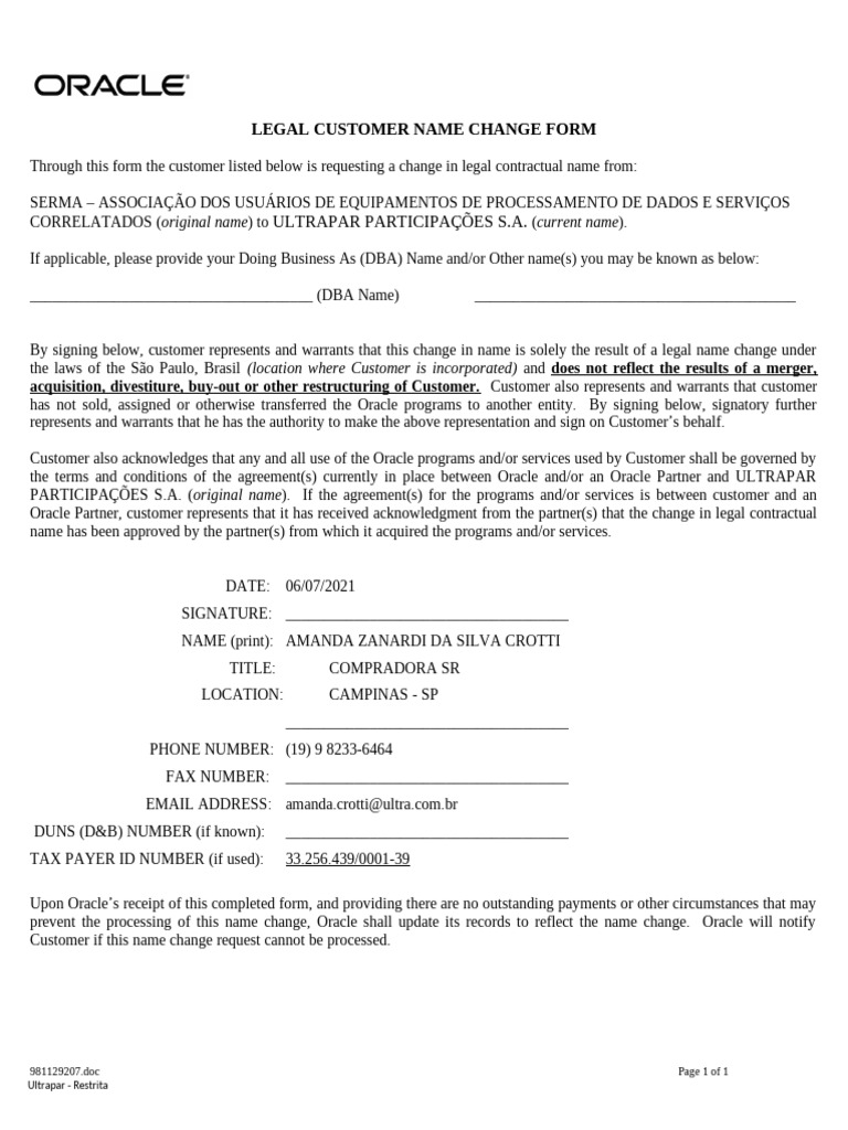 US Version - Standard Legal Name Change Form - Direct Business1 | PDF ...