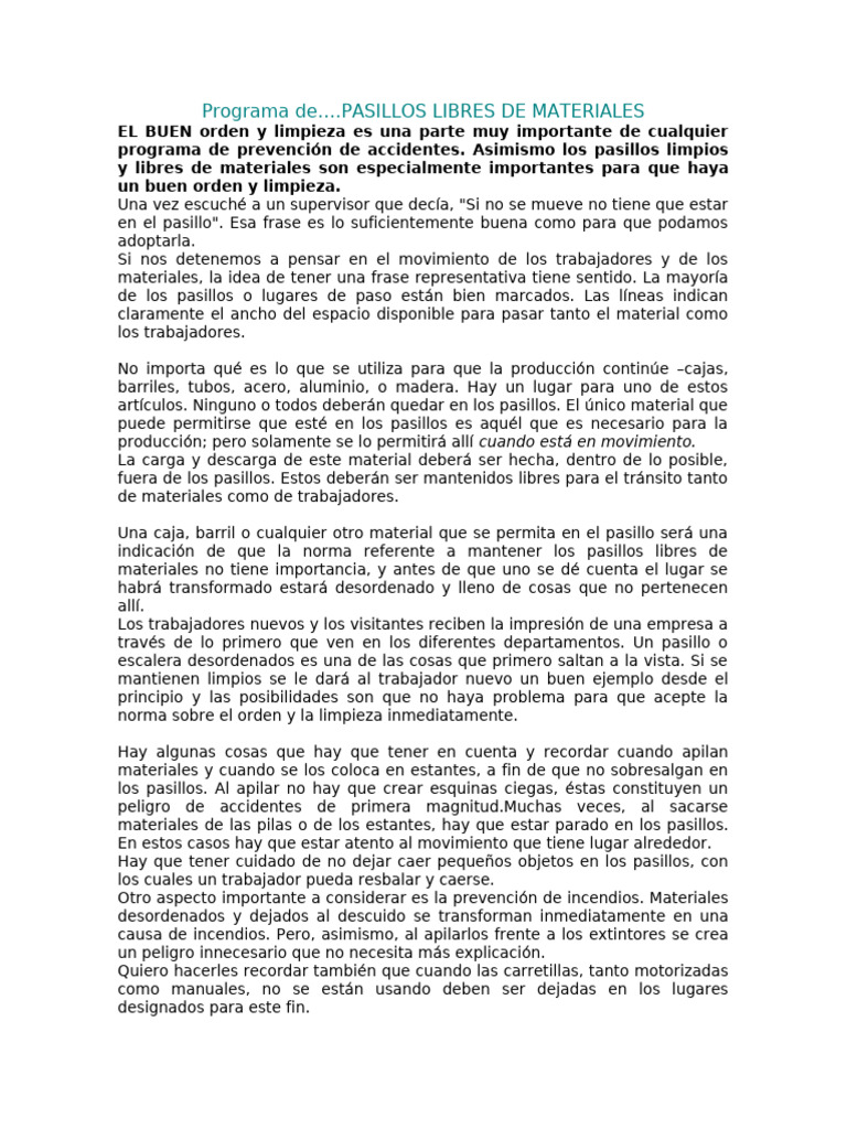 Pasillos Libres de Materiales | PDF