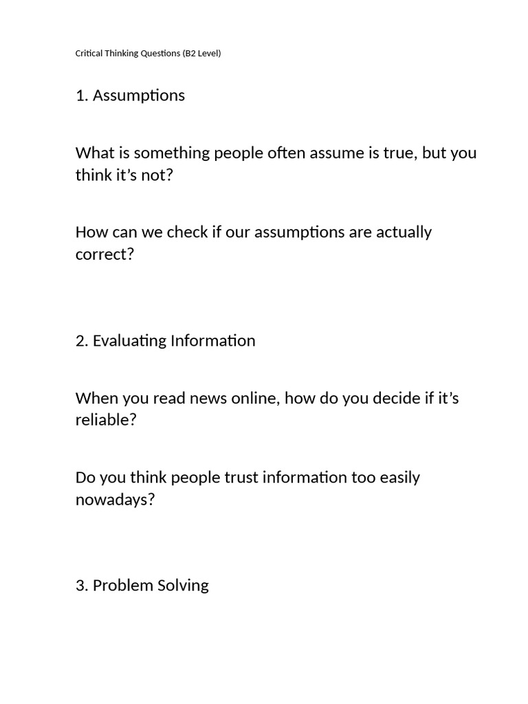 B2 Level Critical Thinking Questions | PDF