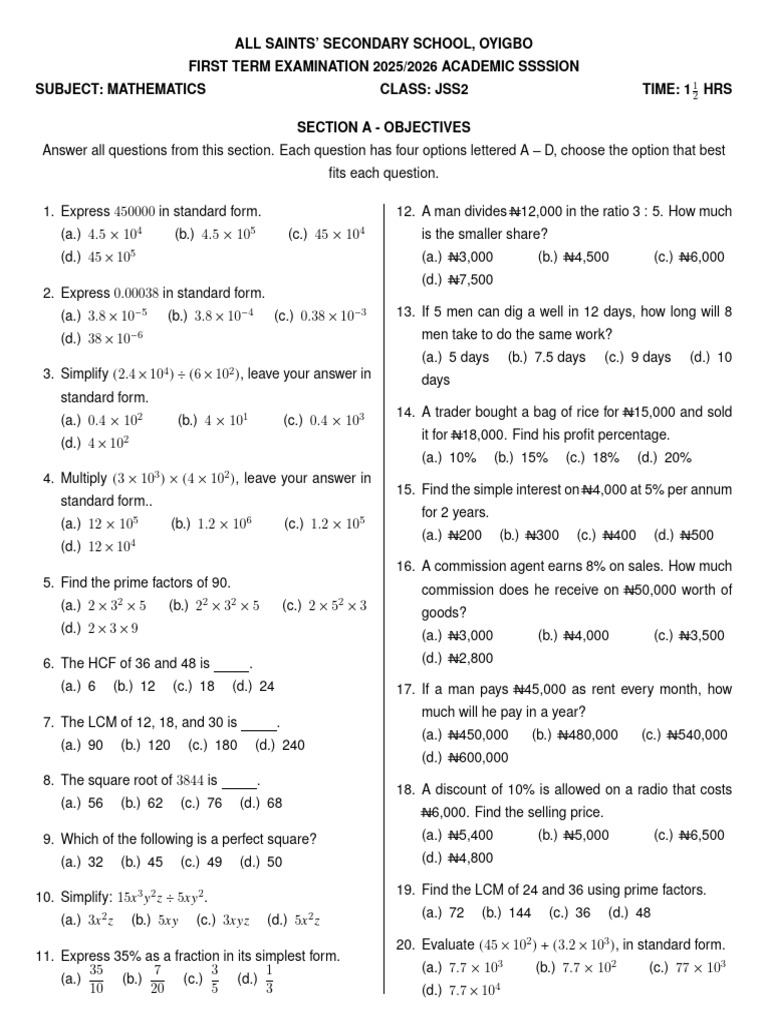 Jss 2 First Term Maths | PDF | Elementary Mathematics | Arithmetic