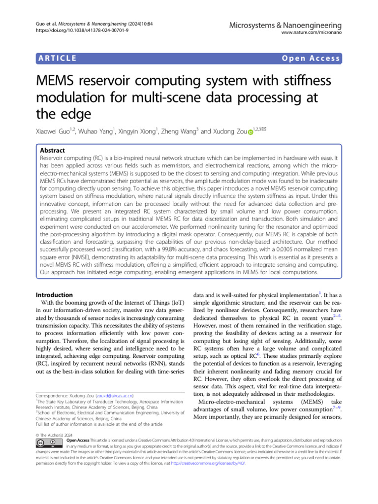 MEMS Reservoir Computing System With Stiffness Mod | PDF | Analog To ...