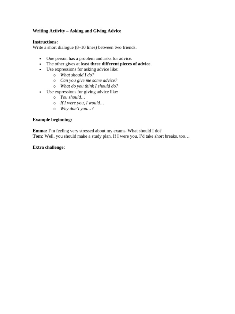 Writing Activity 5to Giving Advice | PDF