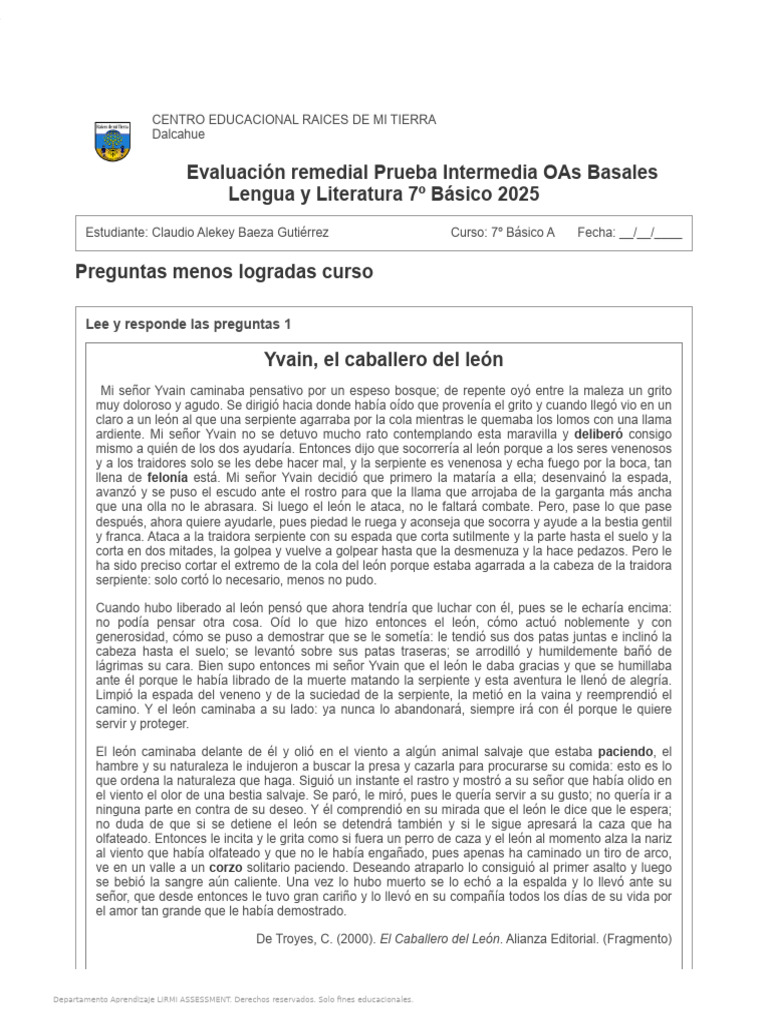 Remedial Prueba Intermedia Oas Basales Lengua y Literatura 7o Basico ...