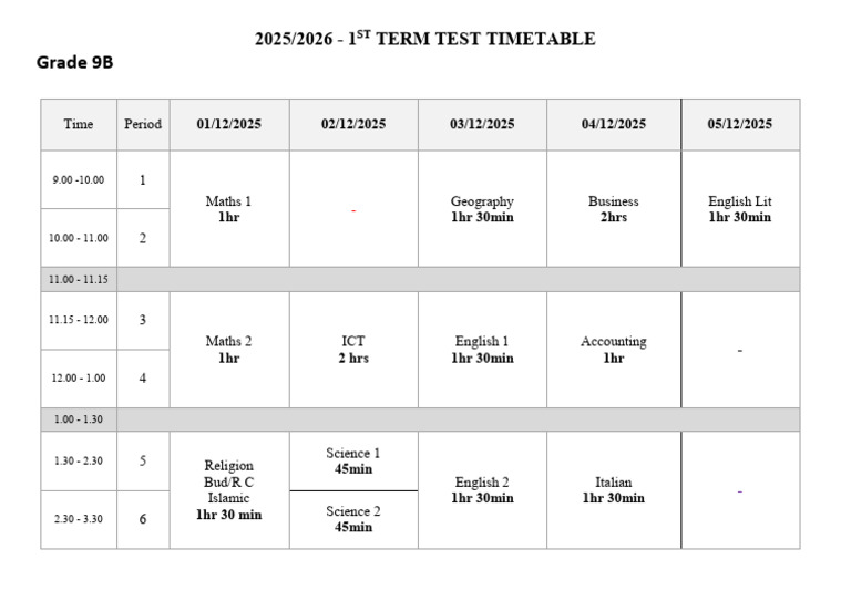 Grade 9B: 2025/2026 - 1 Term Test Timetable | PDF