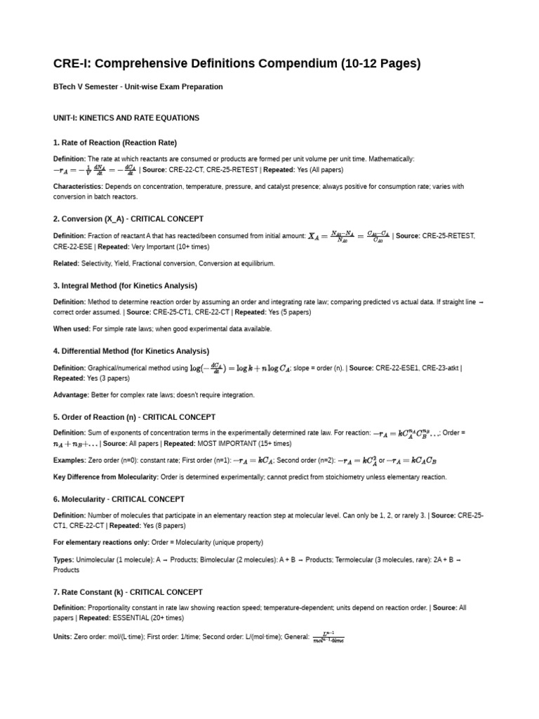 CRE Definitions Compendium | PDF | Reaction Rate | Chemical Reactions