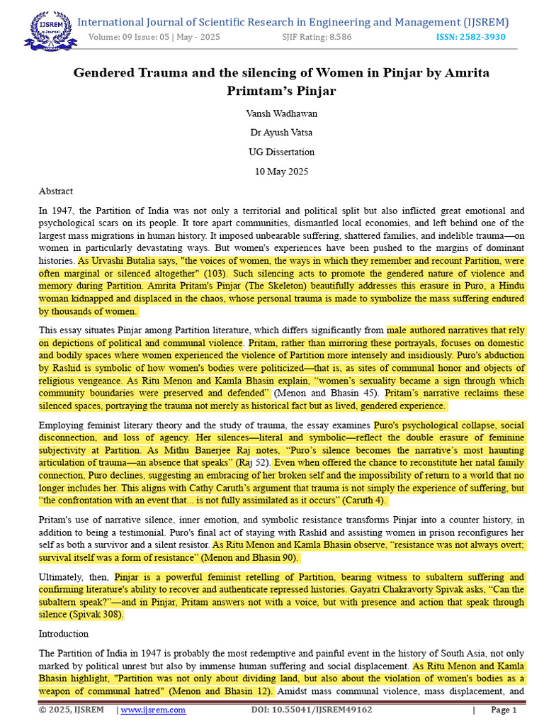 Gendered Trauma and The Silencing of Women in Pinjar by Amrita Primtams ...