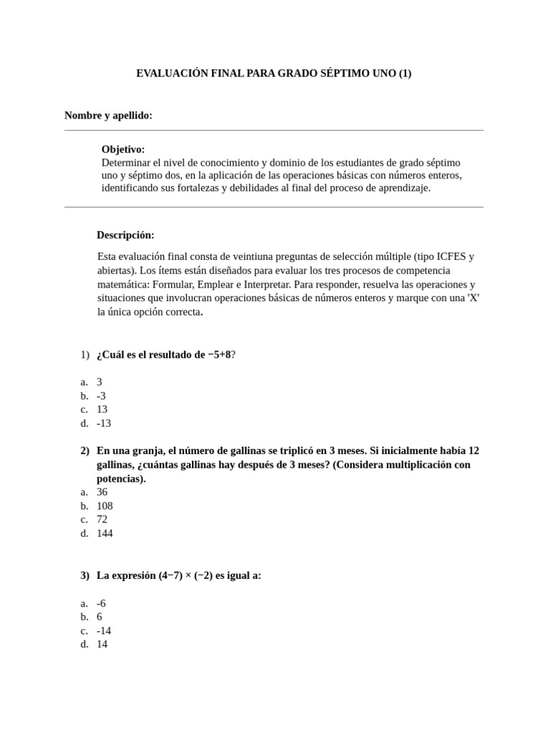 Evaluación Matemática Grado Séptimo | PDF | Entero