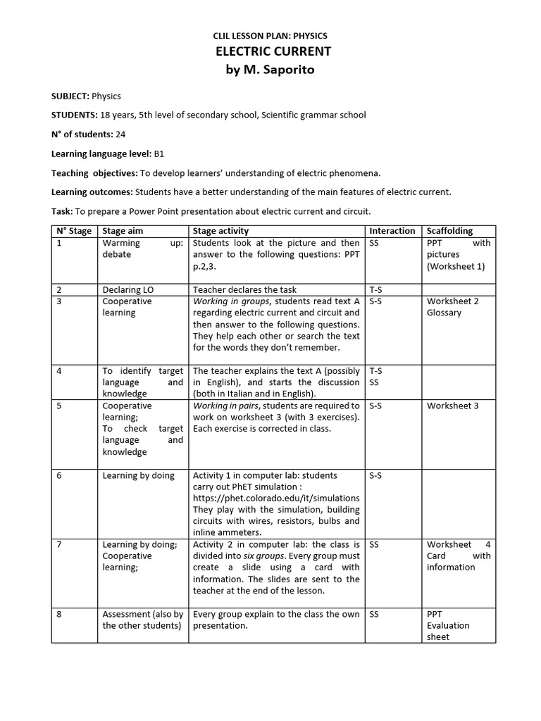 CLIL LESSON PLAN SAPORITO Electric Current | PDF | Electric Current ...