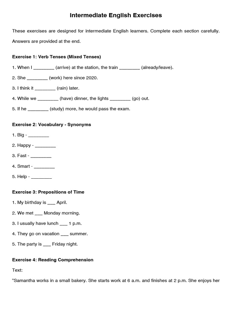 Intermediate English Exercises | PDF