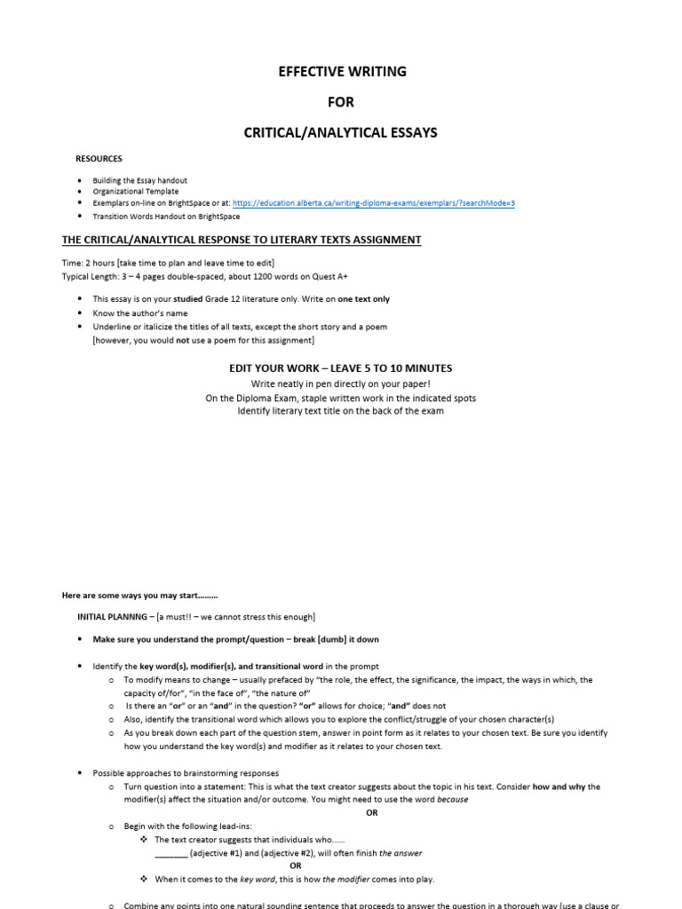 Writing Critical Analytical Essays Guide | PDF | Question | Essays