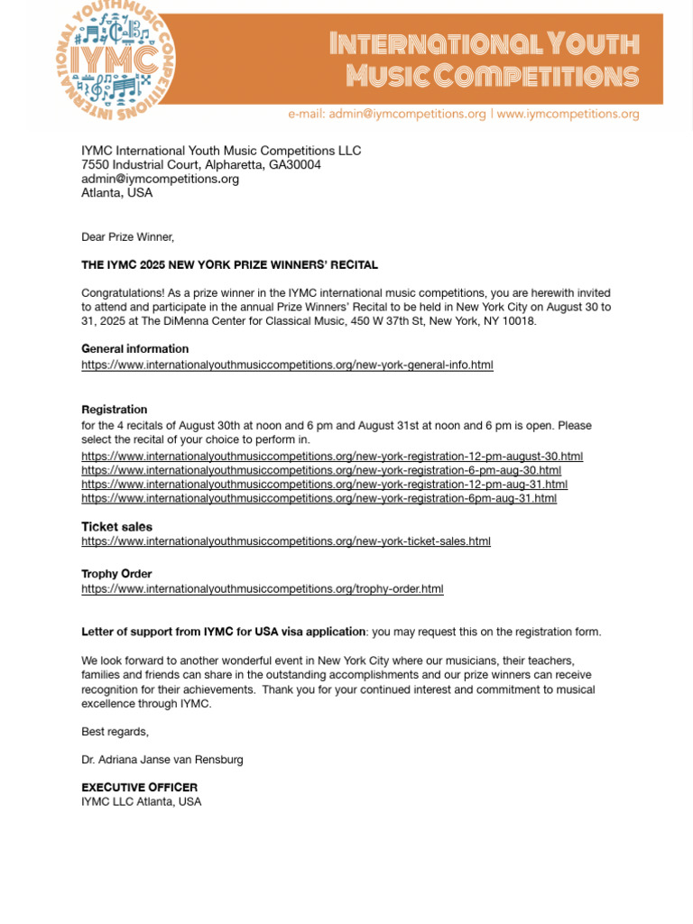 Invitation Letter For Prize Winners To The 2025 New York Recital | PDF