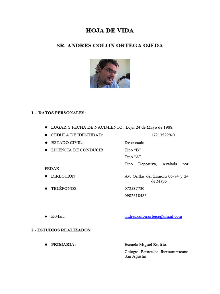 Hoja de Vida de Andrés Colón Ortega | PDF | Ecuador | Microsoft