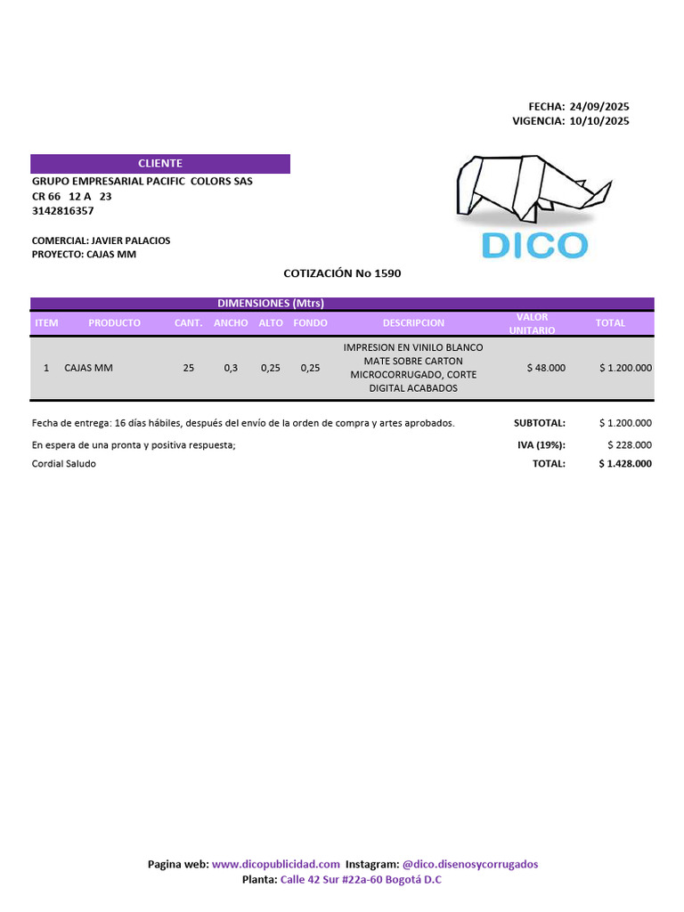 Cot 1590 Grupo Empresarial Pacific Colors Sas - Cajas MM 24092025 | PDF