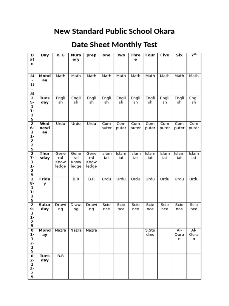 Date Sheet Monthly Syllabus | PDF