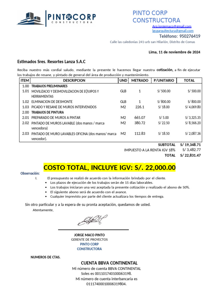 Cotización de Resane y Pintura 2024 | PDF