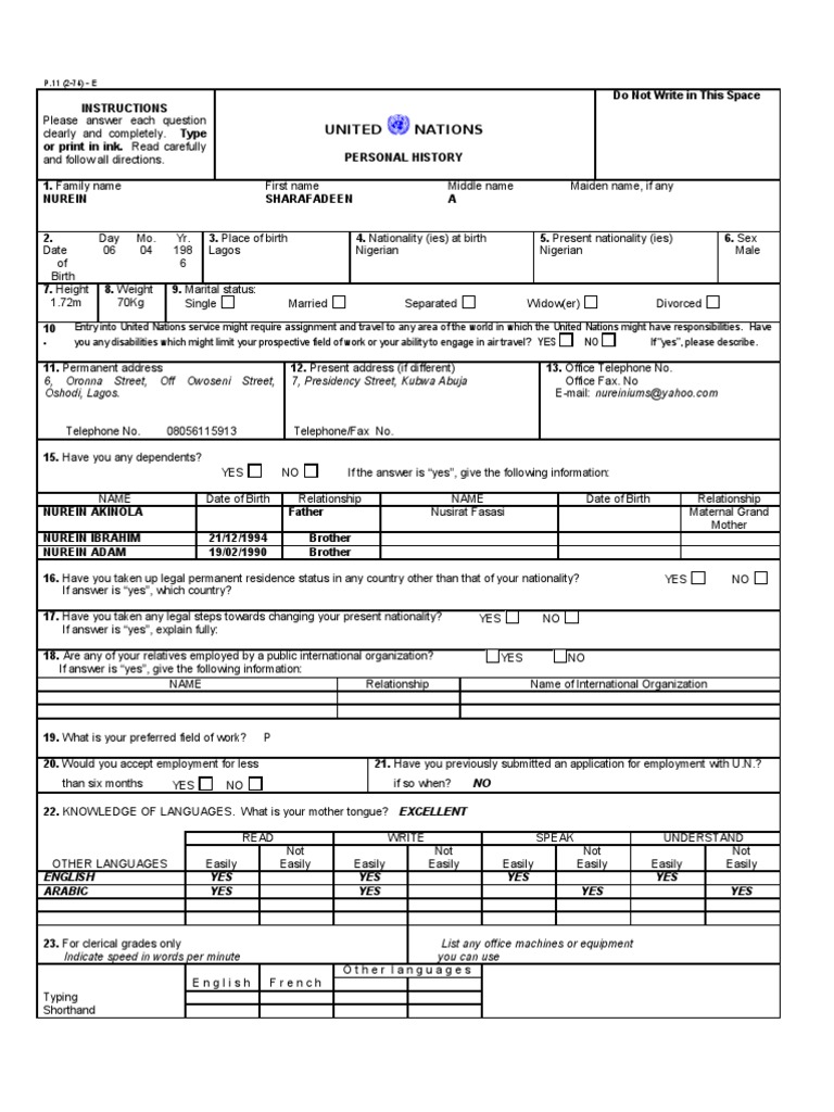 UN Personal History Form P11 | PDF | Employment | Academic Degree