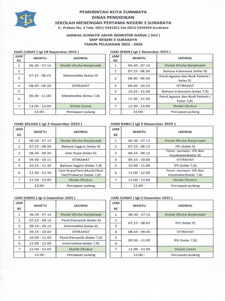 Jadwal Sas 2025-2026 SMT Ganjil | PDF