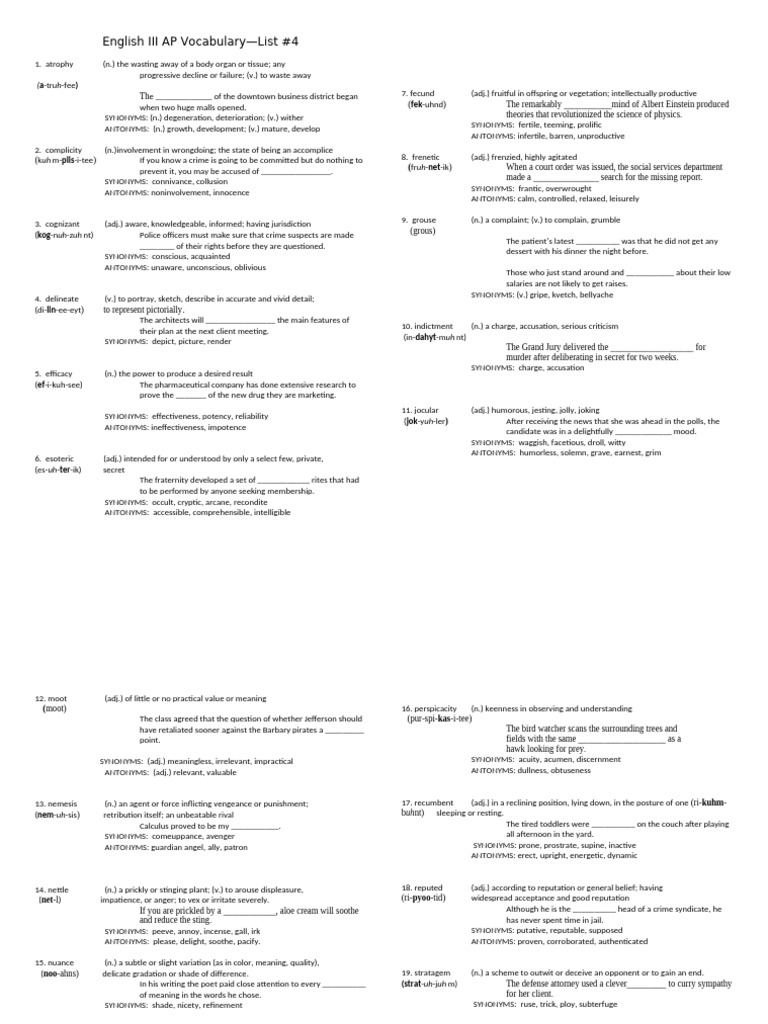 English III AP Vocabulary List 4 | PDF