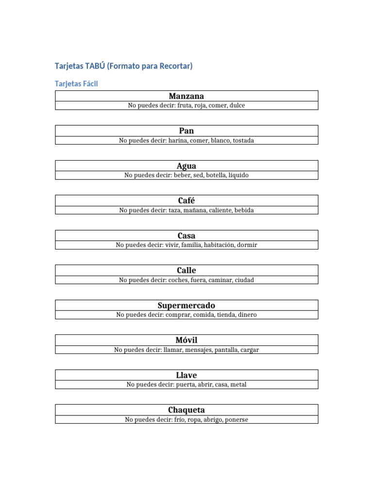 Tarjetas TABU Cuadros | PDF