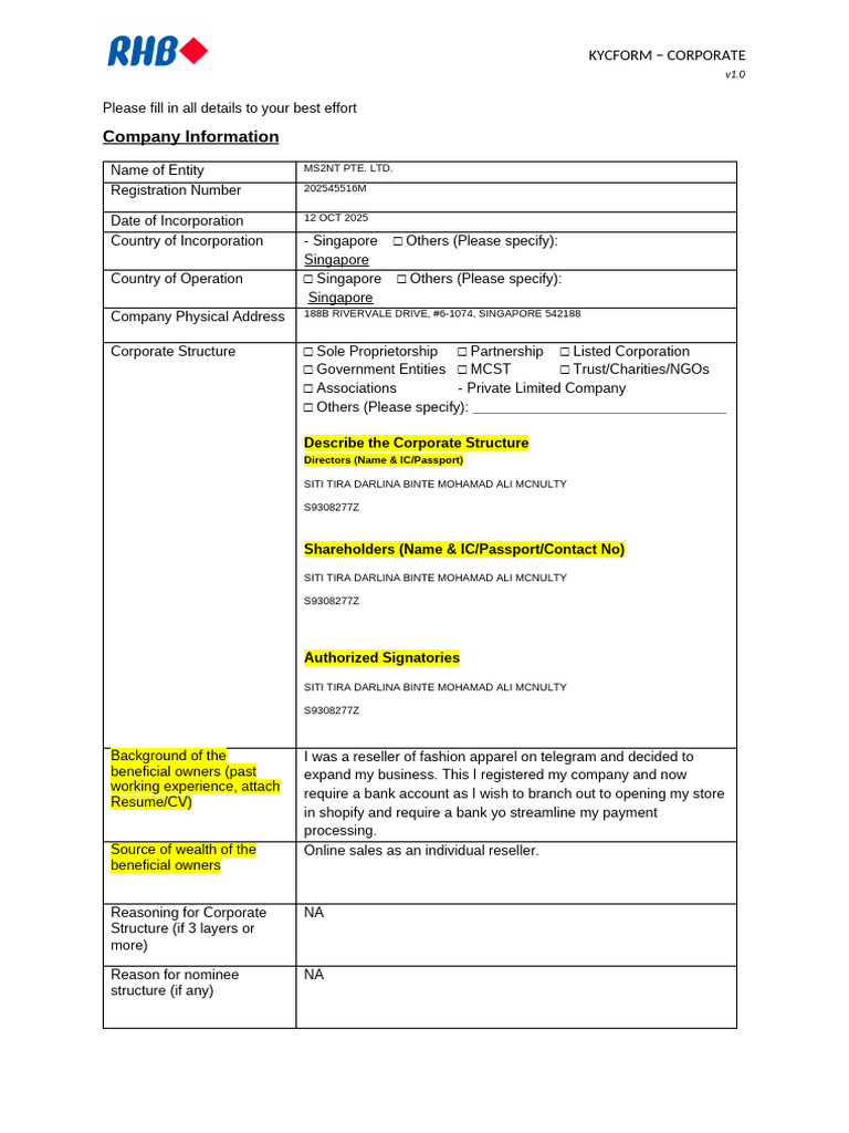 KYC Form for MS2NT PTE. LTD. | PDF | Business | Banks