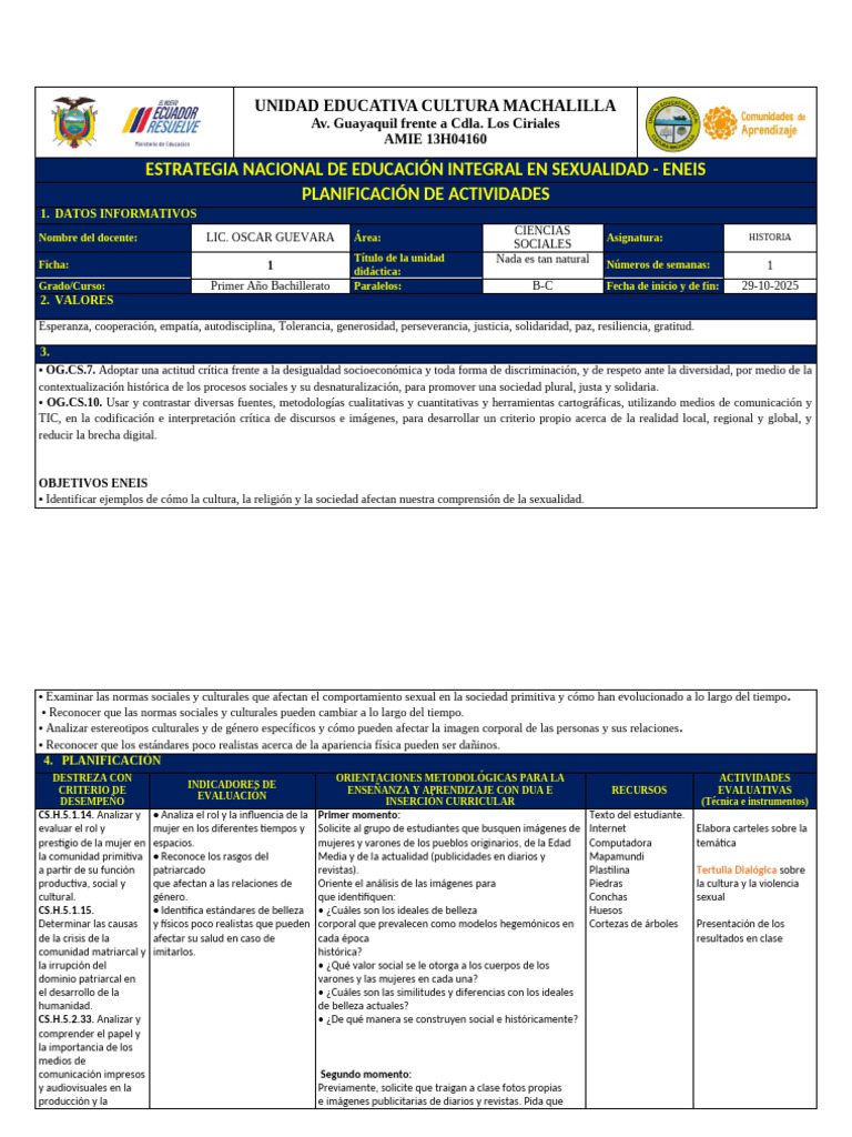 Planificacion - Eneis 1ero B-C | PDF | Patriarcado | Aprendizaje