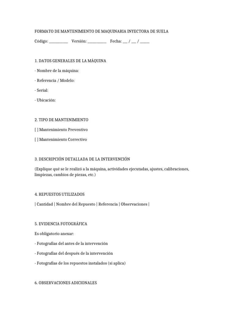 Formato Mantenimiento Inyectora | PDF