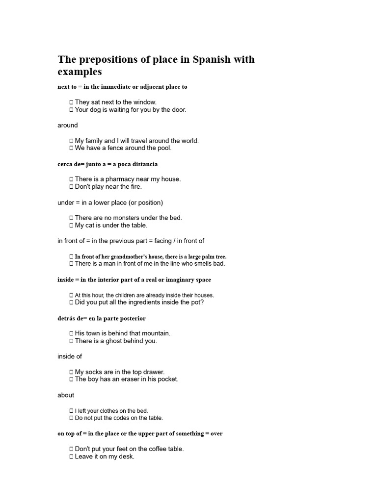 The Prepositions of Place in Spanish With Examples | PDF