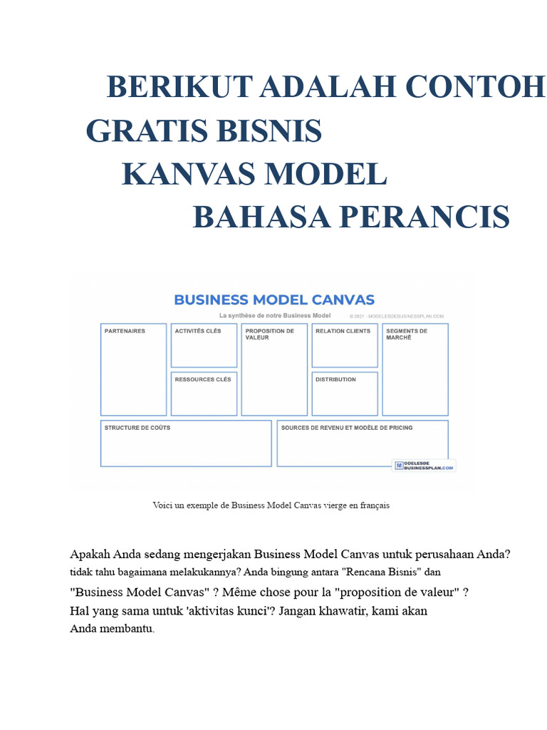 Berikut Adalah Contoh Gratis Dari Business Model Canvas Dalam Bahasa ...