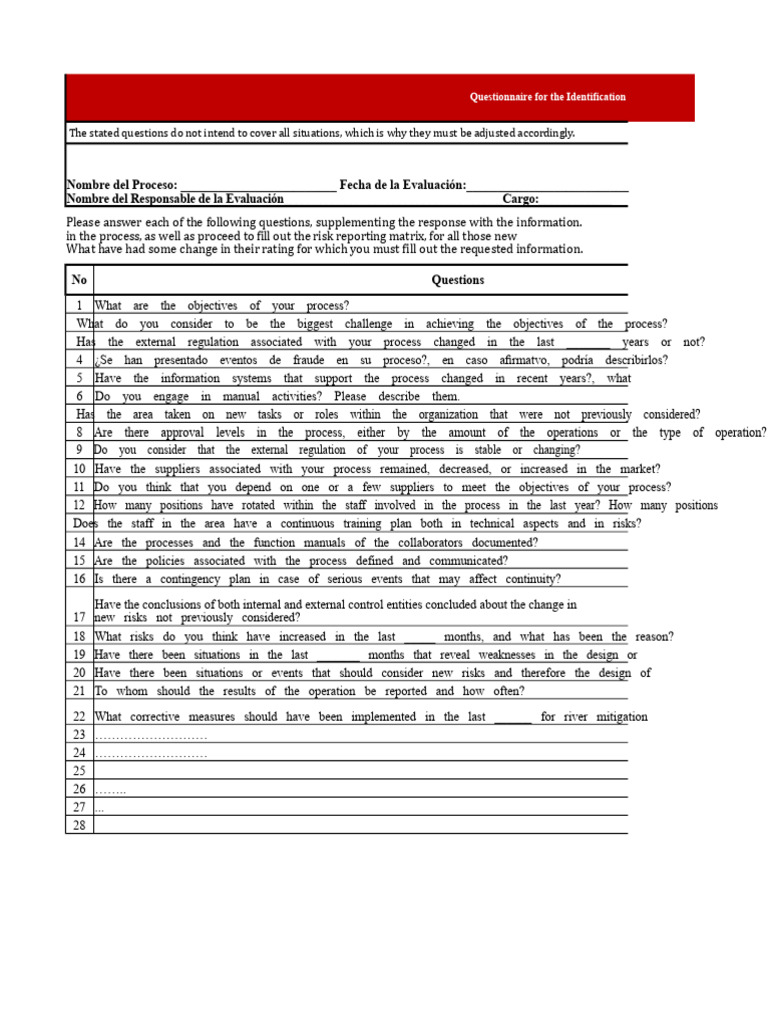 2 Questionnaire for the Identification and Update of Risks by Process ...