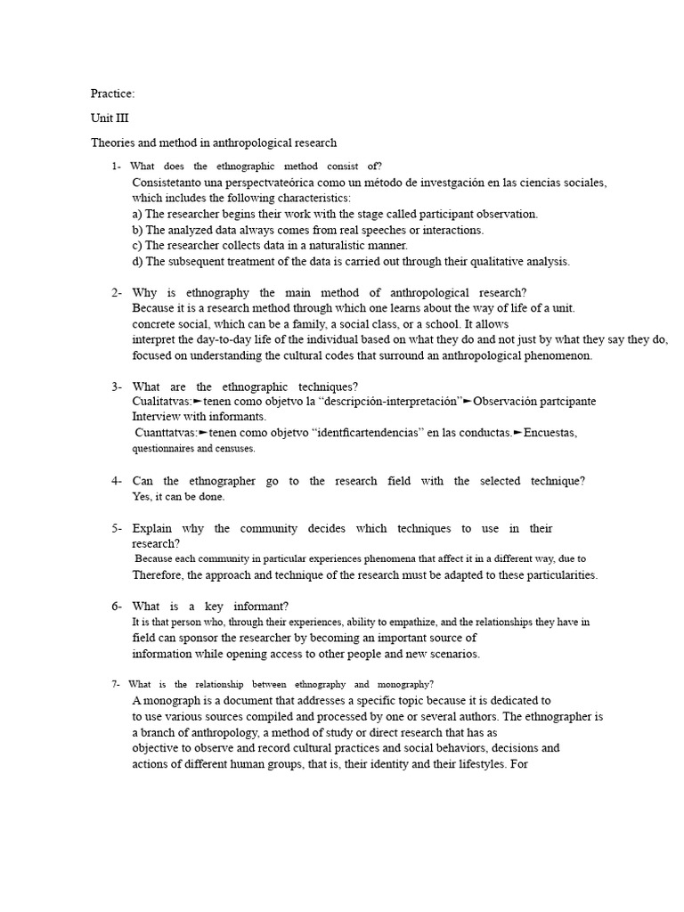 Anthropology questionnaire, unit 3 | PDF | Ethnography | Qualitative ...