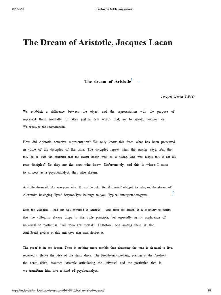 The Dream of Aristotle, Jacques Lacan | PDF | Psychoanalysis | Jacques ...