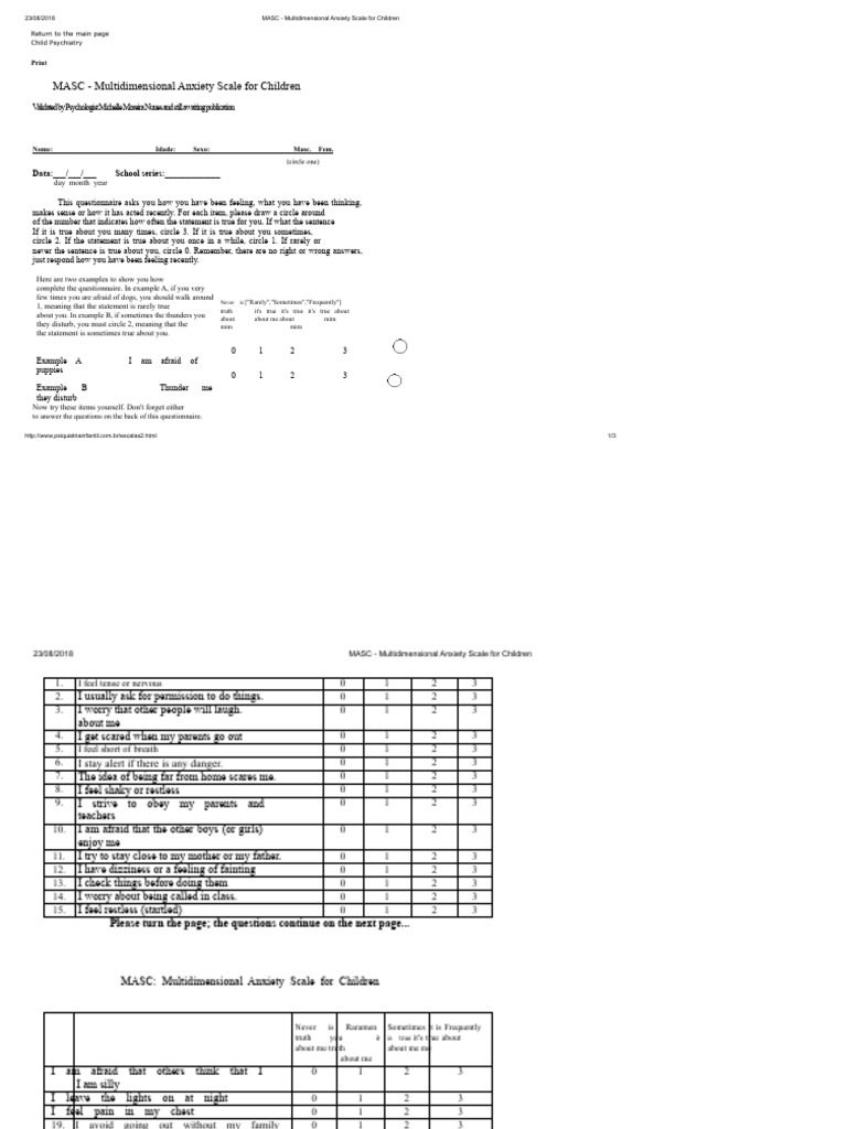 "MASC" - Multidimensional Anxiety Scale For Children | PDF