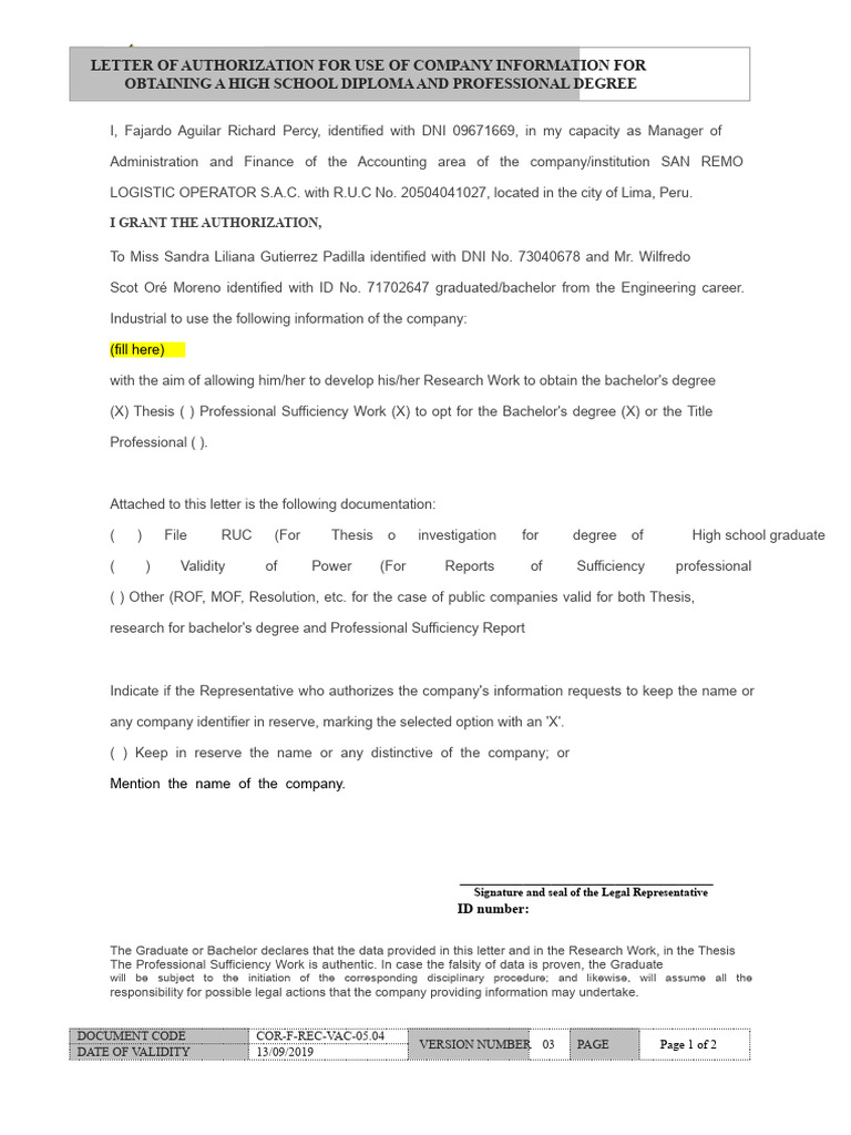 Authorization Letter For Use of Company Information | PDF | Access ...