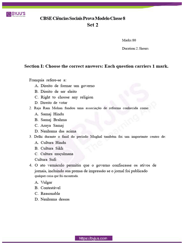 Conjunto 2 de Provas de Amostra de Ciências Sociais da CBSE para a ...